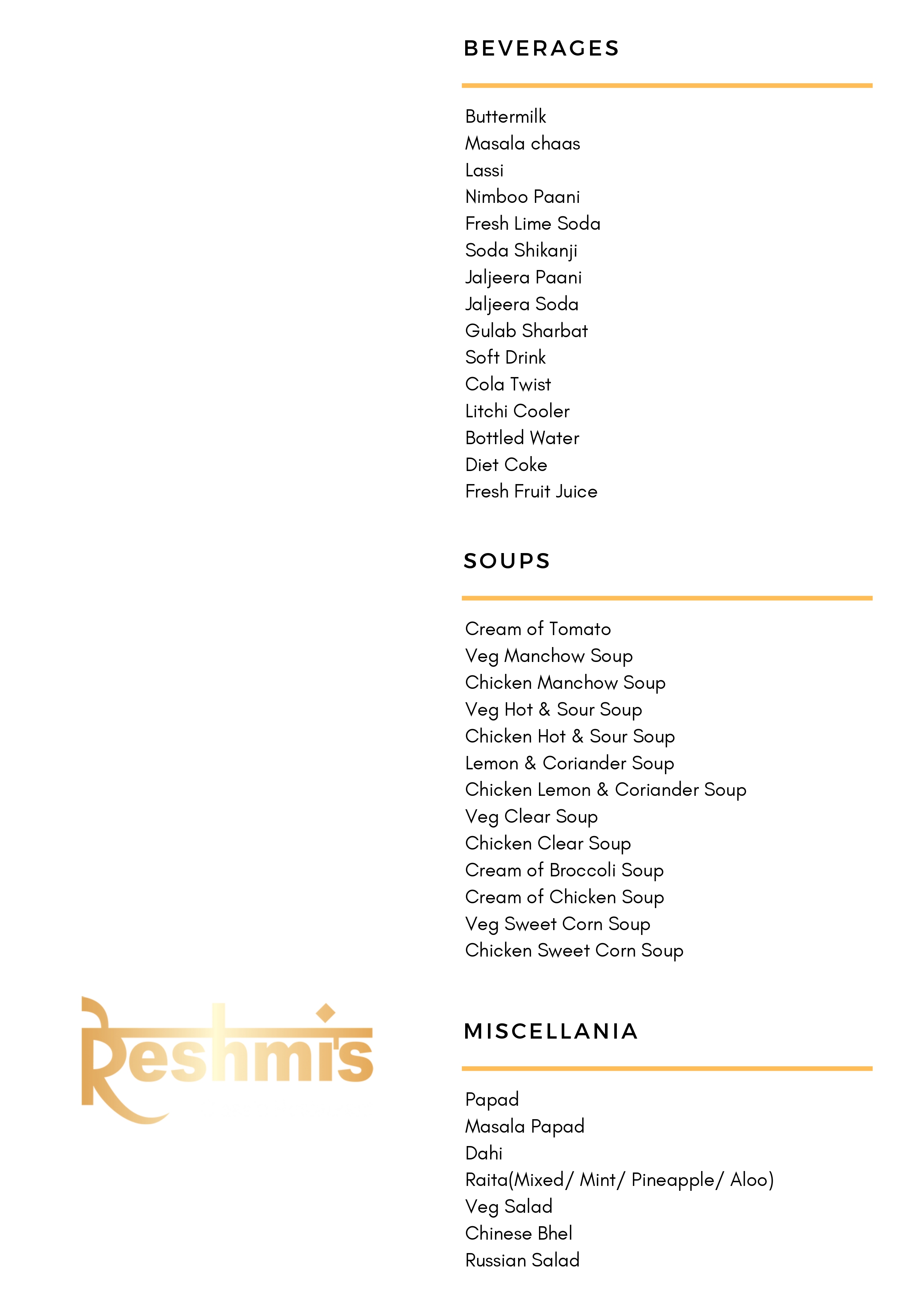 Reshmi's Restaurant | Menu