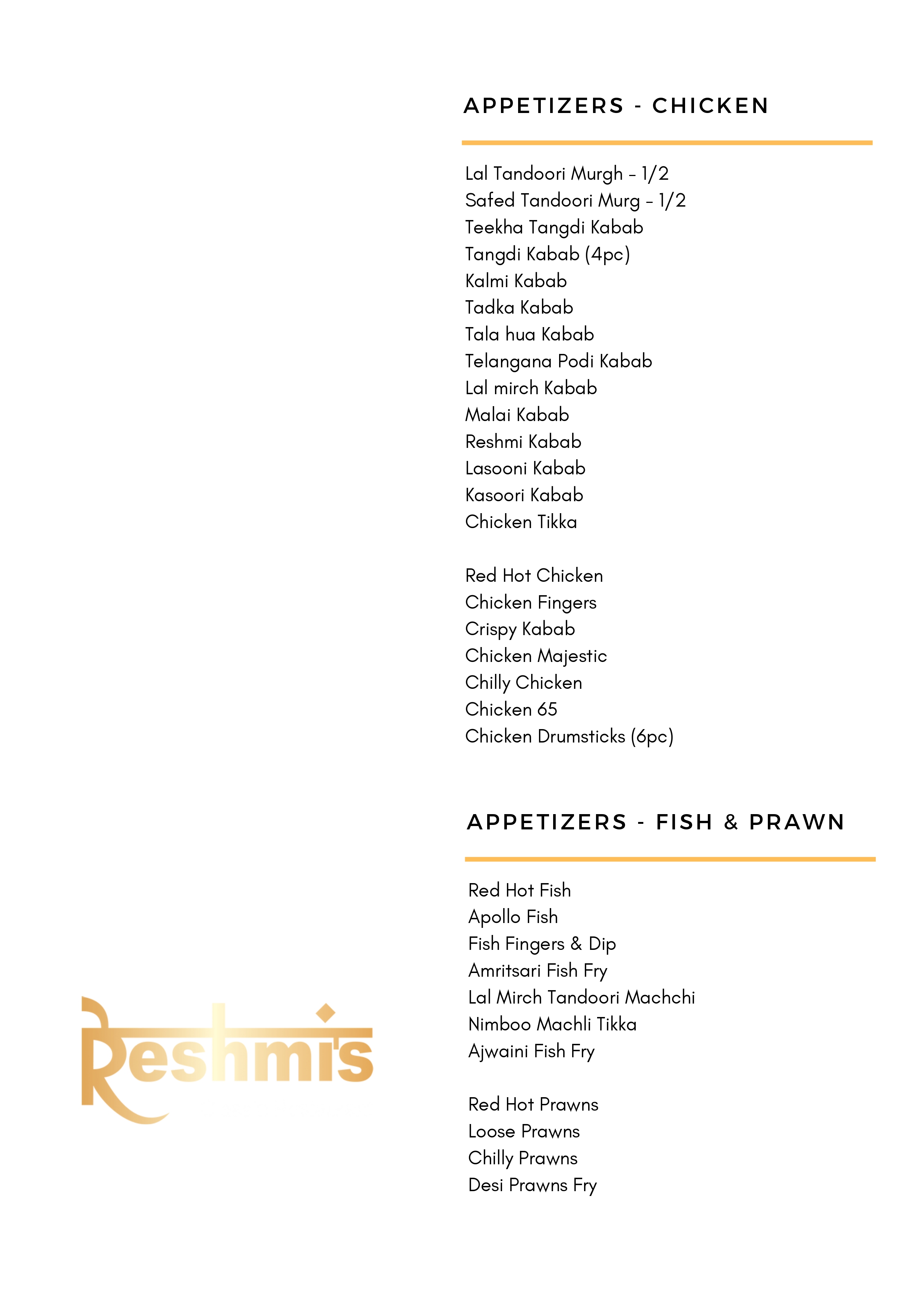 Reshmi's Restaurant | Menu