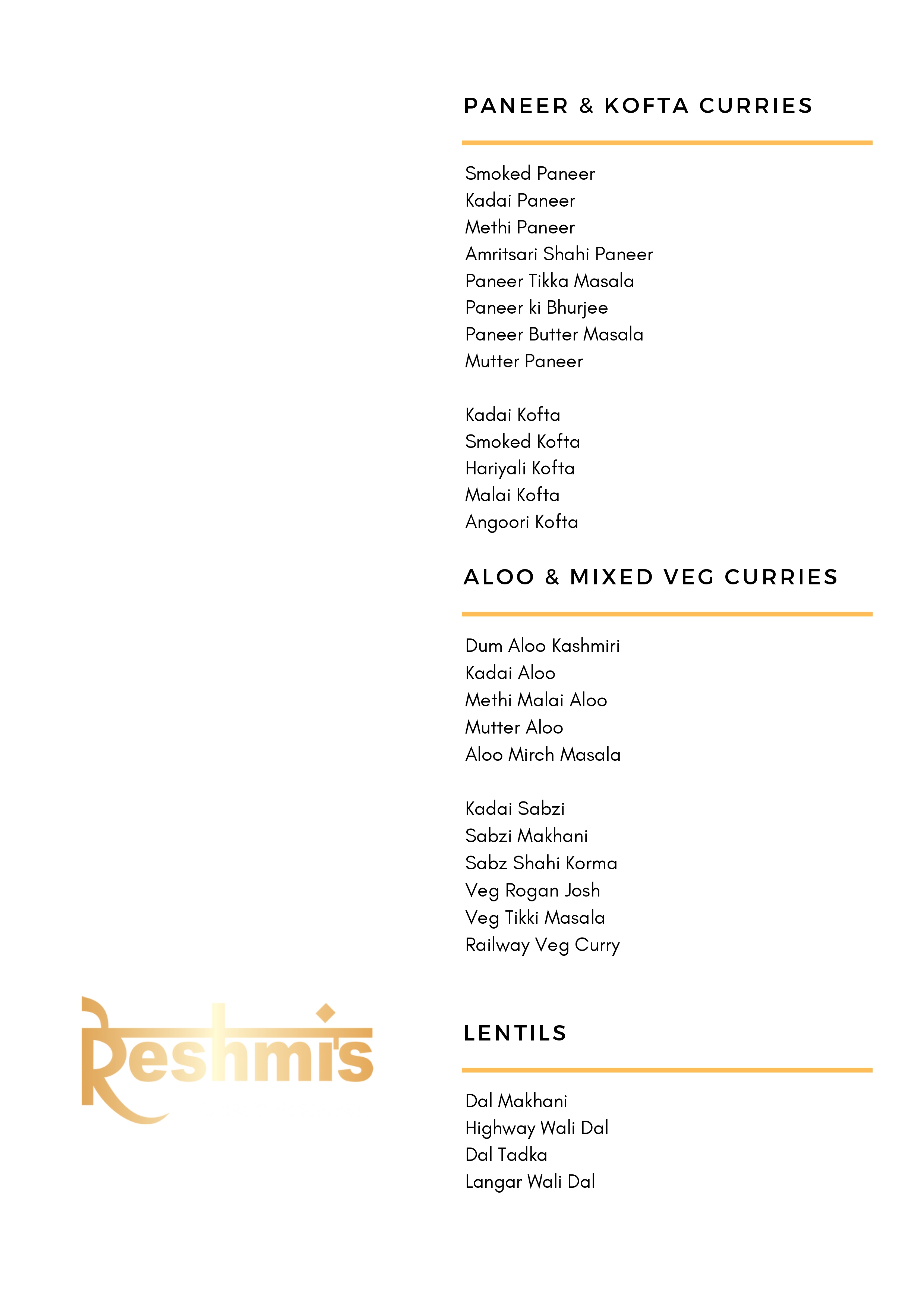 Reshmi's Restaurant | Menu