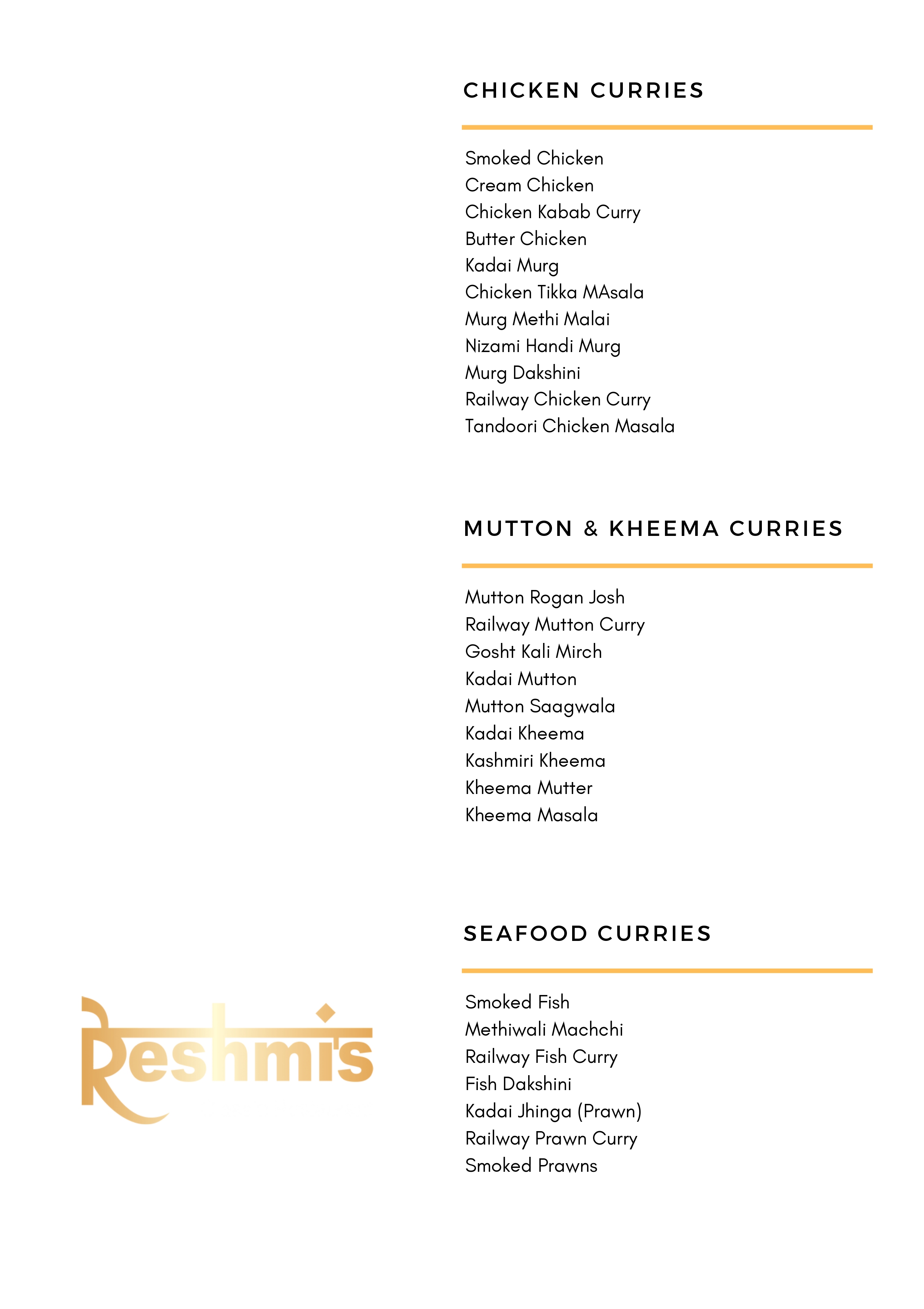 Reshmi's Restaurant | Menu