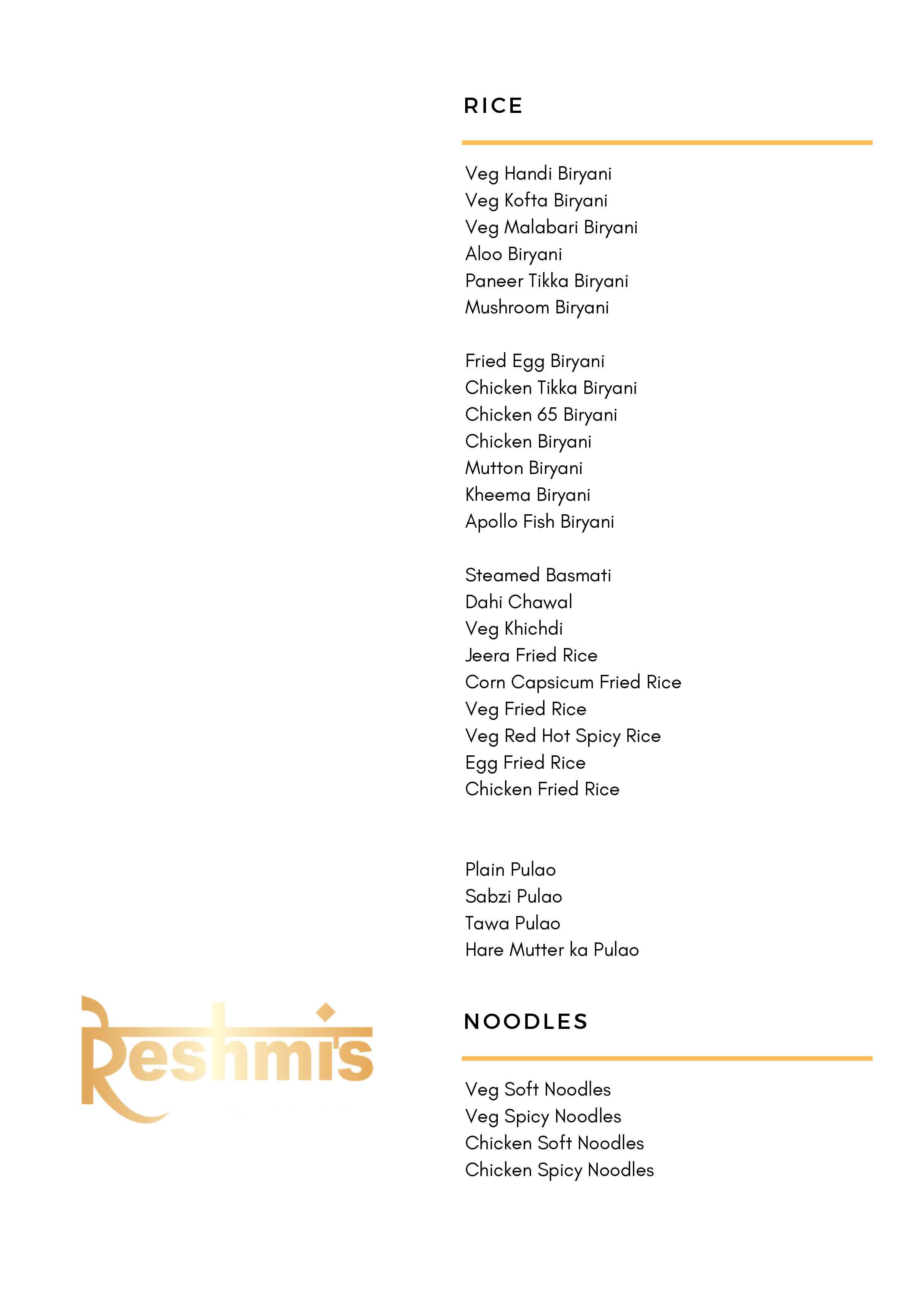 Reshmi's Restaurant | Menu