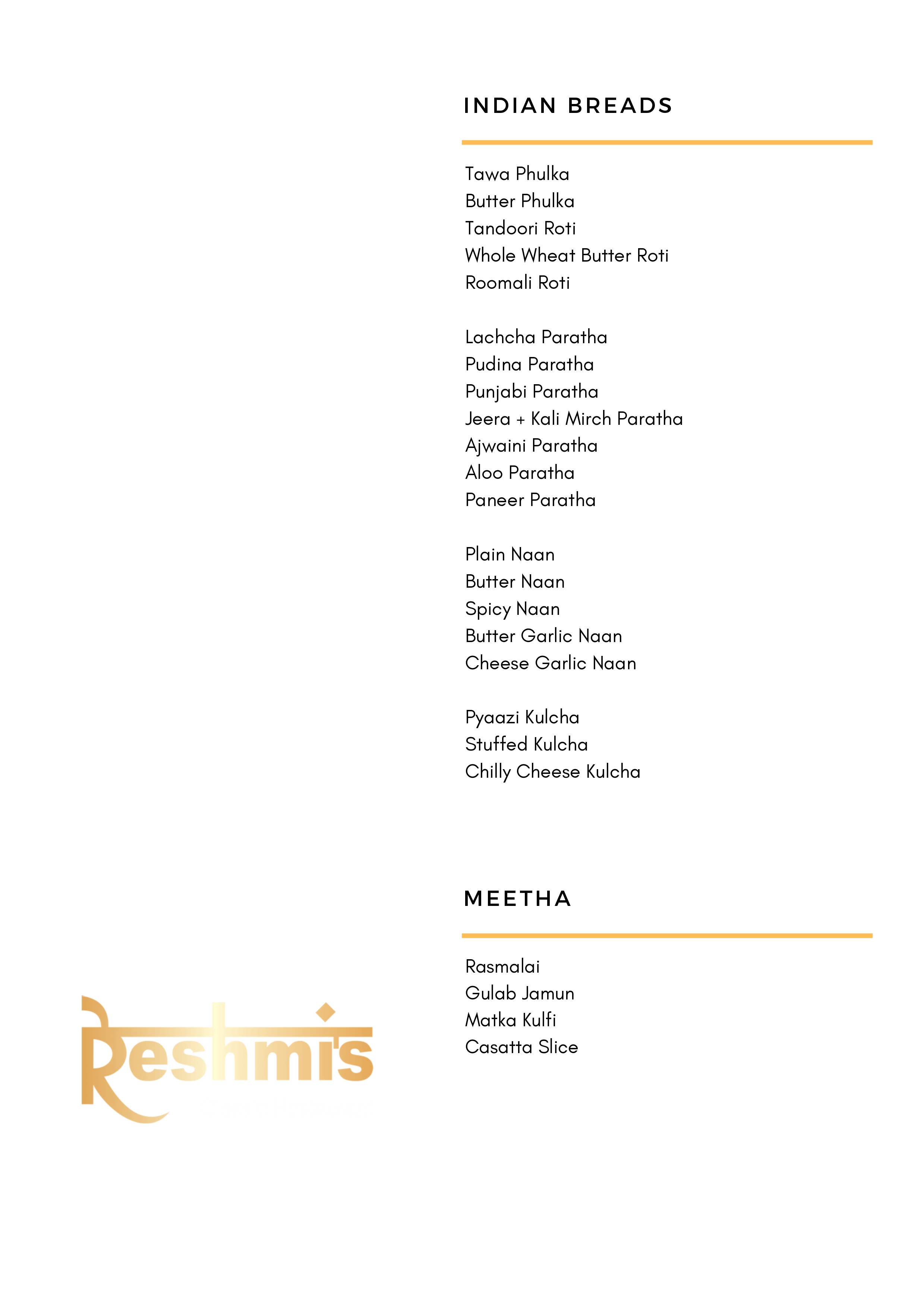 Reshmi's Restaurant | Menu